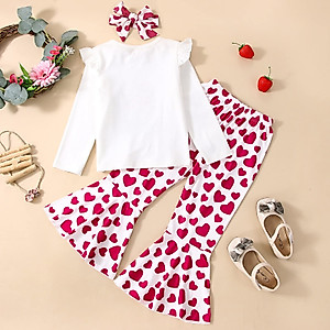 Rtnnsbbfcm Toddler Baby Girl Valentine's Day Outfit Long Sleeve Elephant Heart T-Shirt Top Bell Bottom Pants Headband 3Pcs Set (3-4T,White)