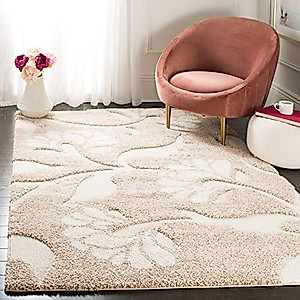 SAFAVIEH Florida Shag Collection 5' Round Smoke / Beige SG459 Floral Non-Shedding Living Room Bedroom Dining Room Entryway Plush 1.2-inch Thick Area Rug