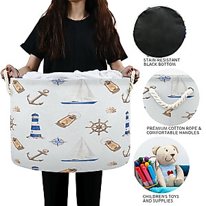 Kigai Watercolor Nautical Pattern Large Round Storage Basket with Handle, Collapsible Decorative Laundry Baskets for Blanket, Cotton Rope Organizer Toys Towels Nursery Hamper Bin, 20" x 14"