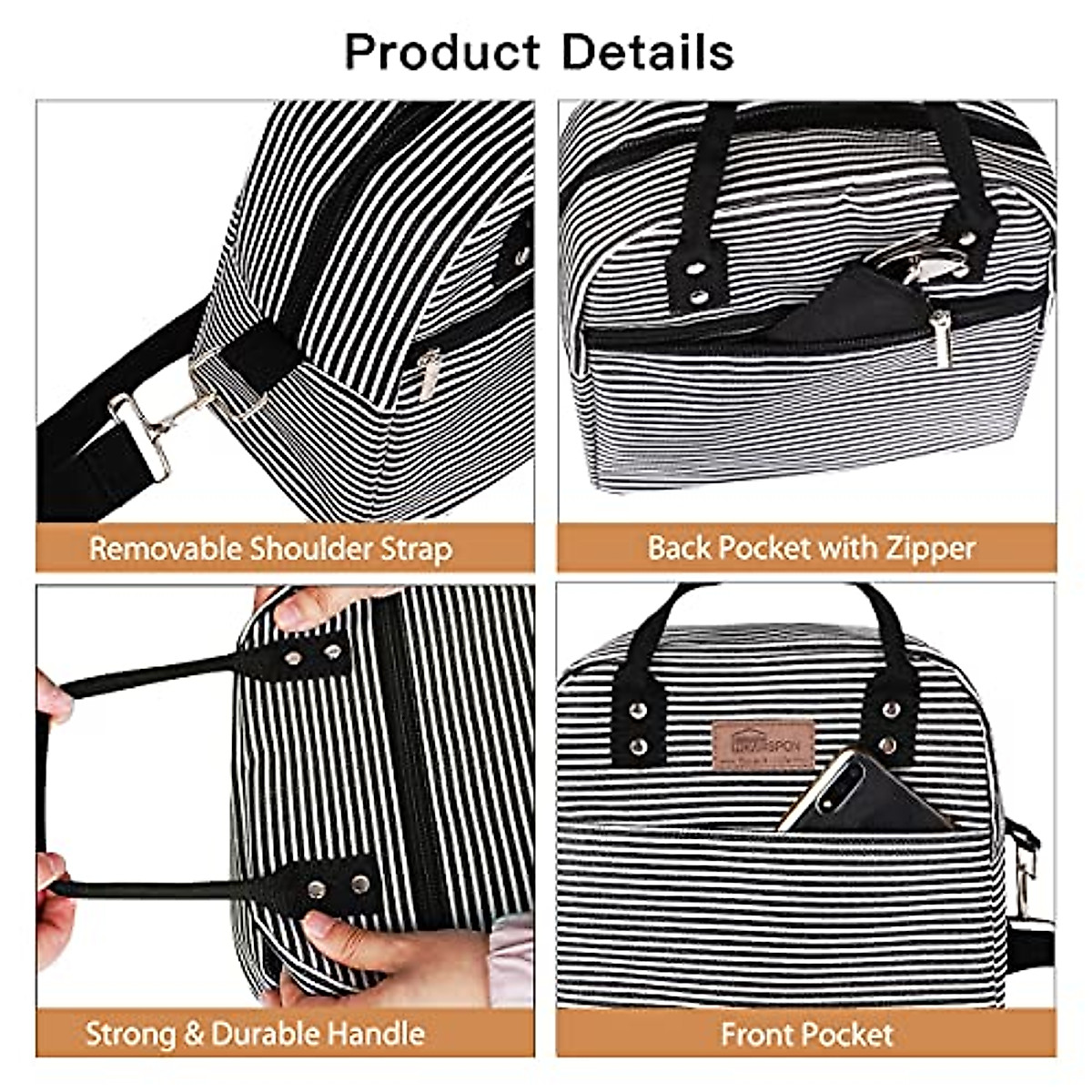 HOMESPON Reusable Insulated Lunch Bag Cooler Tote Box with Front Pocket Zipper Closure for Woman Man Work Picnic or Travel(Black and White Stripe with Shoulder)