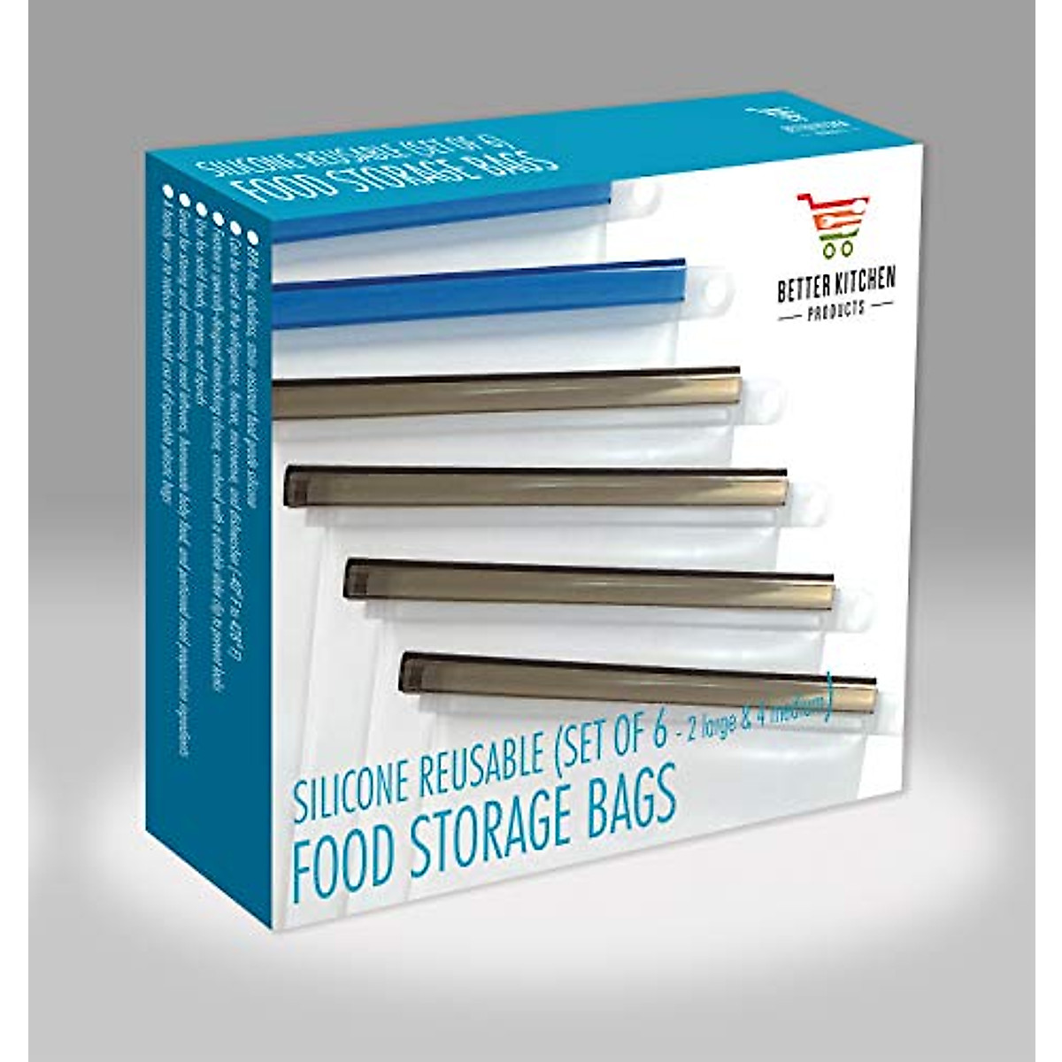 Silicone Reusable Food Storage Bags (Set of 6) (2 Large 50oz + 4 Medium 33.8oz), by Better Kitchen Products, Airtight, Expandable Gusset, Easy Stand-Up, for Solids, Liquids, Refrigerator and Freezer,