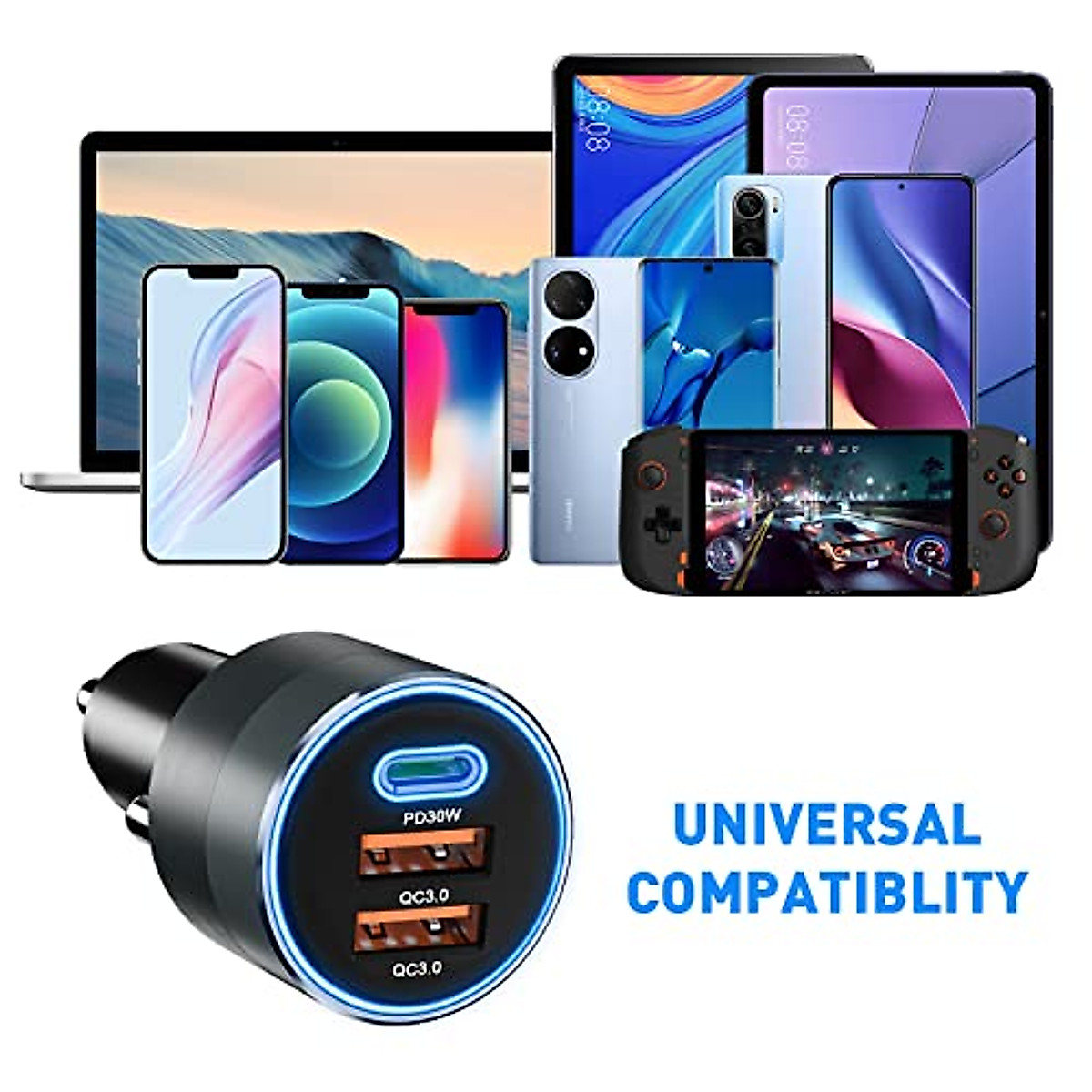 SONRU USB C Car Charger, 66W/9A PD3.0 Dual QC 3.0 Fast USB C Car Charger Adapter with LED Ambient Light, for iPhone 13/12/11/X/XR,