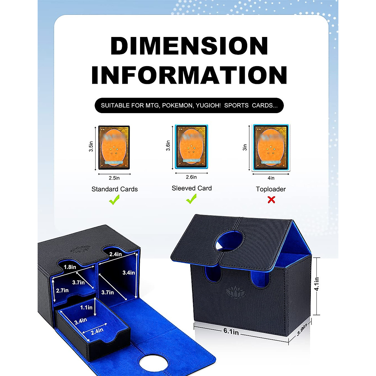 UAONO Card Deck Box for MTG Commander Deck, Double Deck Box With Dice Tray Holds 200+ Sleeved Trading Cards, Card Case Storage Box for Magic The Gathering Sports Playing Cards (Black&Blue)