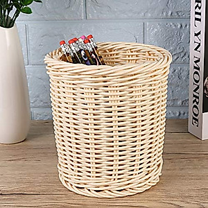 Zerodeko Woven Storage Baskets Round Rattan Waste Basket Woven Trash Can Paper Waste Basket Straw Wicker Sundries Storage Basket Garbage Container Bin for Bathroom Kitchen Beige Woven Baskets