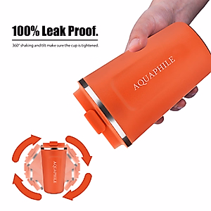 AQUAPHILE Reusable Coffee Cup, Coffee Travel Mug with Leak-proof Lid, Thermal Mug Double Walled Insulated Cup, Stainless Steel Portable Coffee Tumbler, for Hot and Cold Drinks（Orange,12oz)
