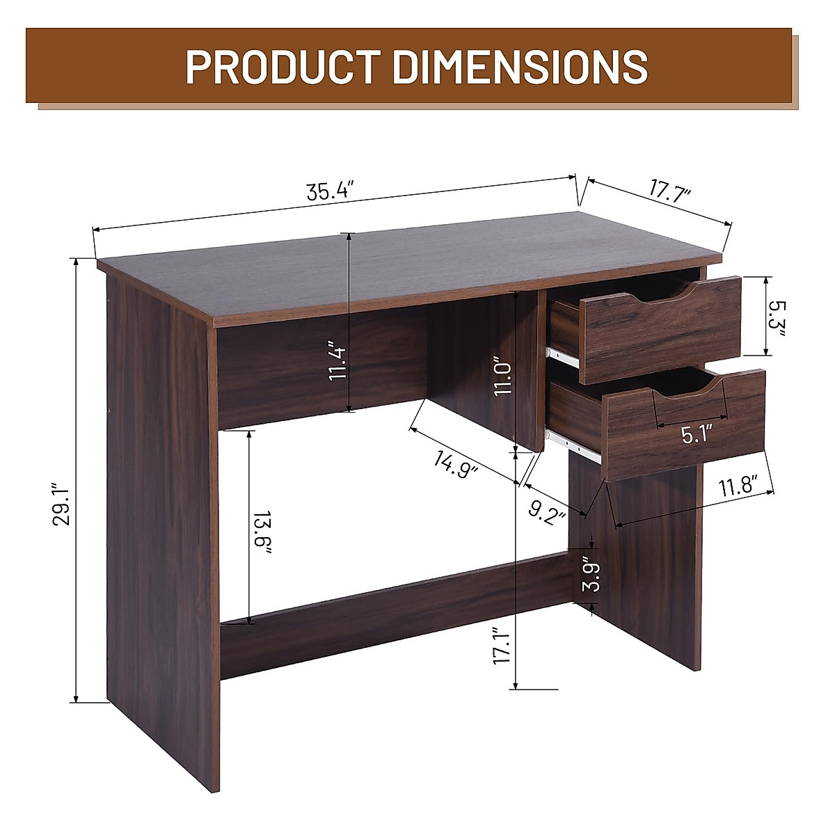 FurnitureR Home Office Computer Desk with 2 Drawers, Wooden Study Writing Table Teen Student Desk Workstation with Footrest for Bedroom Small Spaces Apartment Dorm, Walnut Brown