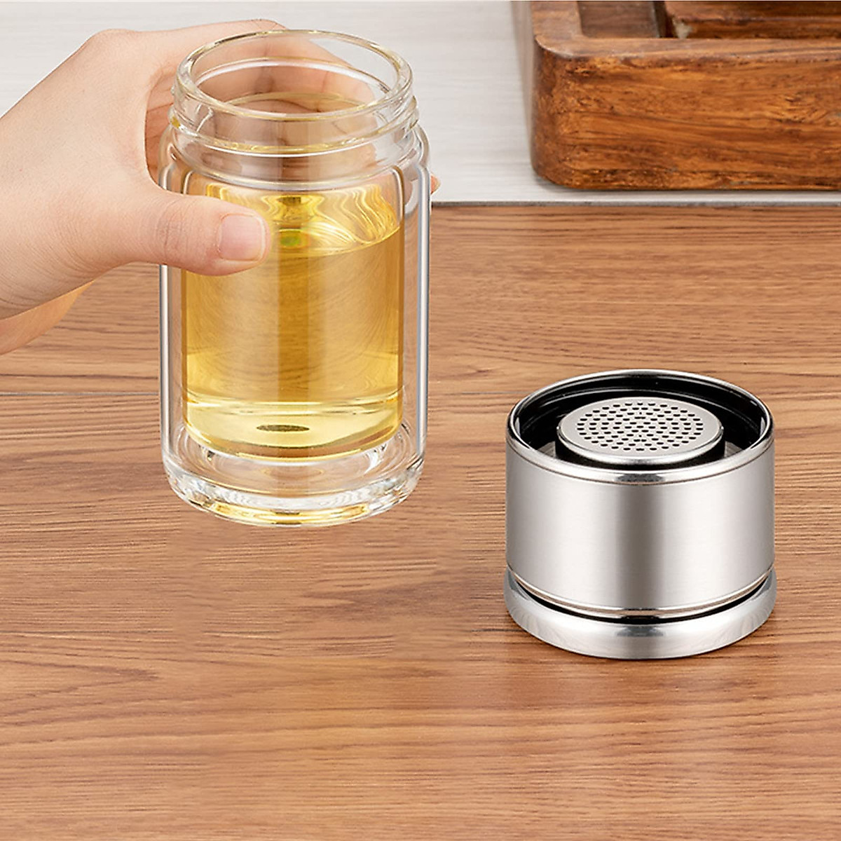 LeYin double wall glass water bottle, travel cup with filter screen, tea and water separation cup for fruit loose leaf tea and cold brewing coffee (silver)