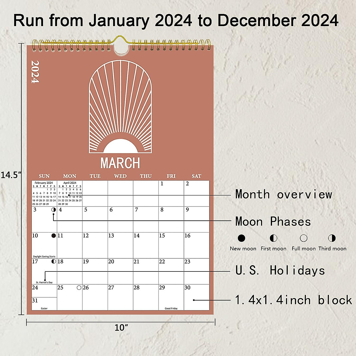 2024 Calendar - Wall Calendar From January 2024 to December 2024, 2024 Aesthetic Modern Boho Vertical Hanging Large Calendar with Moon Phases, Perfect for Monthly Organizing & Planning, 10"×14.5"