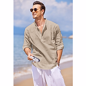 COOFANDY Men's Cotton Linen Henley T-Shirts Long Sleeve Hippie Casual Beach T-Shirts