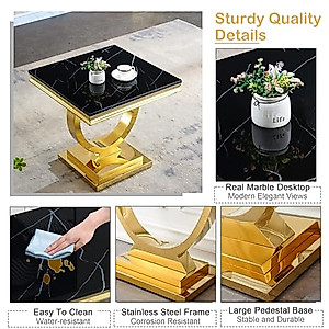 Luxury Real Marble End Table, Modern Mirrored Gold Square Sofa Side Table, Mid Century Elegant End Bedside Table with Stainless Steel Pedestal Base for Living Room Bedroom Couch