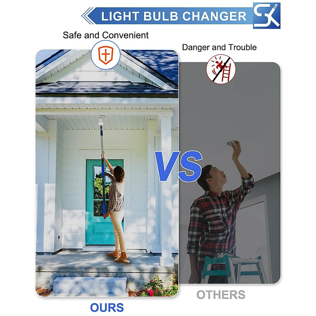 SKGPOLE 26FT Reach Light Bulb Changer for High Ceilings with Telescopic Extension Pole, 5-19 Foot Light Bulb Extension Pole Changer with Baskets and Suction Cup for High Ceilings and Recessed Lights