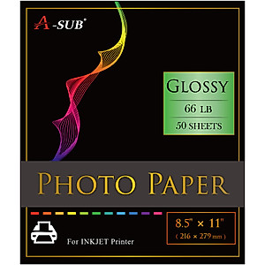 A-SUB Premium Photo Paper High Glossy 8.5x11 Inch 66lb for Inkjet Printers 50 Sheets,Single Sided