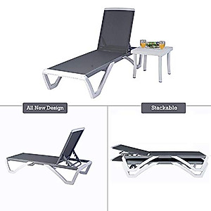 Kozyard Alan Full Flat Alumium and Polypropylene Resin Legs Patio Reclinging Adustable Chaise Lounge with Sunbathing Textilence, 5 Adjustable Position (Gray Textilene Without Table)