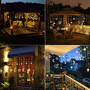 CSX Solar String Lights 138LED Moon Star Twinkle Lights with Remote 8 Lighting Modes Curtain Lights Window Lights Hanging Fairy Lights Outdoor Waterproof for Yard Garden Patio Ramadan Christmas Decor