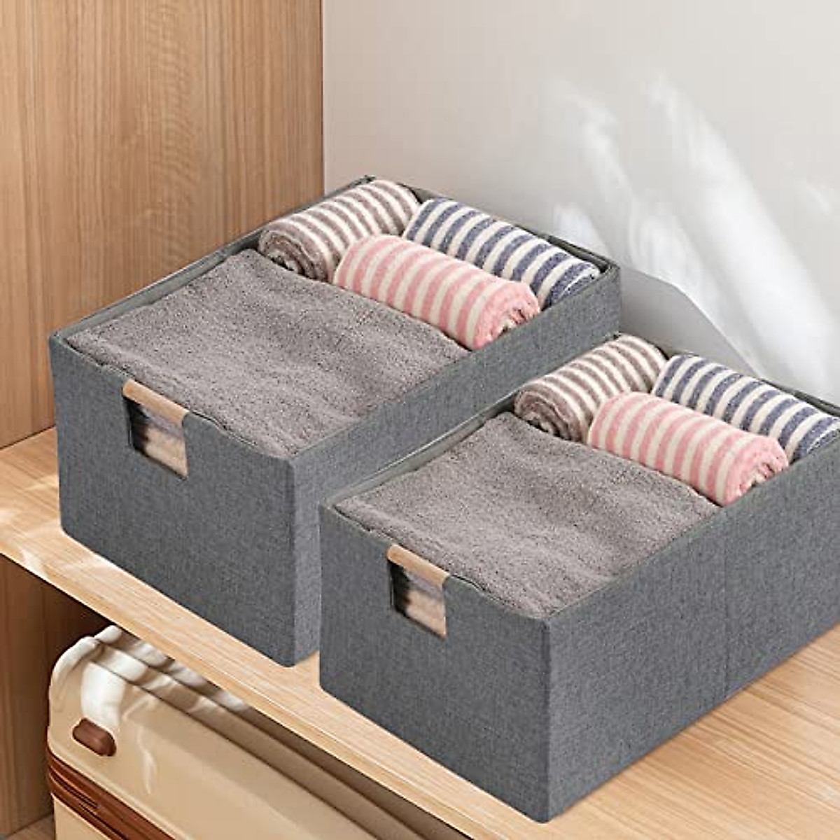 LaMorée Fabric Storage Bin Box Foldable Cotton Linen Storage Basket with Wooden Handles Rectangular Cube Decorative Home Nursery Laundry Organizer Clothes Blanket Container – Gray, Small