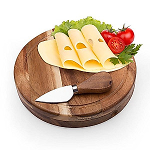 ILEAF Round Slide-Out Acacia Wood Cheese Board and 3 Piece Cheese Tool Set, 7.5 inch Diameter