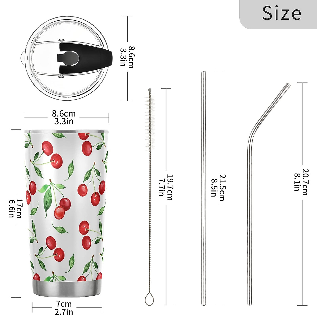 Yasala Tumbler Cherry Green Leaves Insulated Office Coffee Cup Back to School Beverage Container Travel Mug with Straw and Lid Double Wall Stainless Steel 20oz