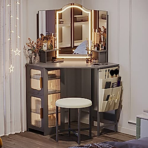 LVSOMT Vanity Desk with Mirror and Lights, Makeup Vanity with Charging Station, Dressing Table with 3 Lighting Options, Vanity Set with Drawers, Women’s Corner Vanity table, Grey
