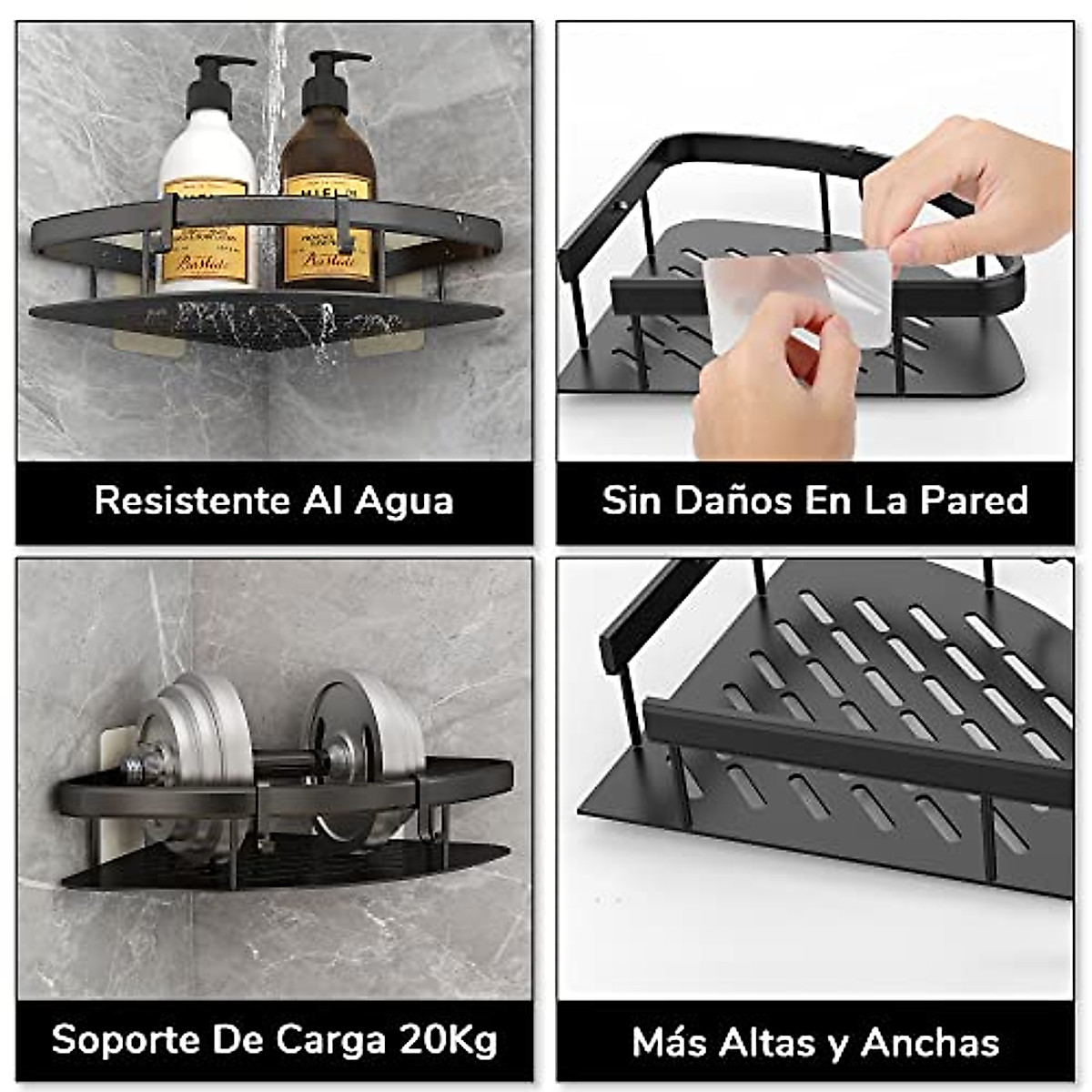 Corner Shower Caddy Black 2 Pack With 2 Soap Dishes, No Drilling Wall Mounted Shower Organizer With 4 Movable Hooks, Space Aluminum Rustproof Shower Shelf For Bathroom