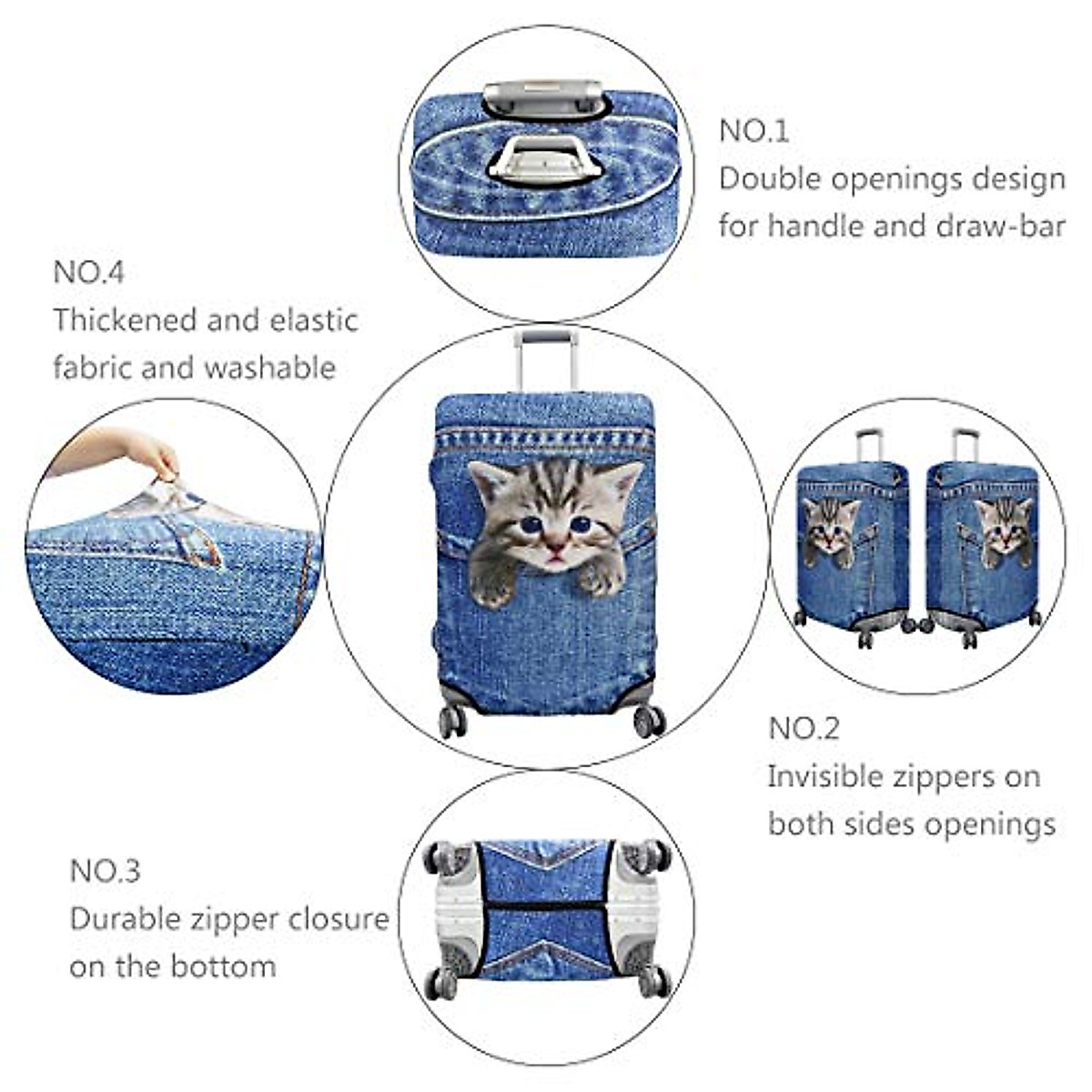 TAPE FIVE Washable Travel Luggage Cover Thickened Luggage Cover 18/24/28/32 Inch Suitcase Spandex Protective Cover (L(26"-28" luggage), Pocket Cat)