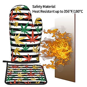Oven Mitts and Pot Holders Sets Colorful Weed Oven Gloves Heat Resistant Potholders Washable Non-Slip BBQ Gloves with Hanging Loop for Women Men Kitchen Baking Cooking Grilling