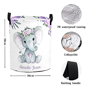 Purple Elephant Girl Rose Storage Bin, Waterproof Oxford Fabric Clothes Basket Organizer for Laundry Hamper,Toy Bins,Gift Baskets, Bedroom, Clothes,Baby Nursery