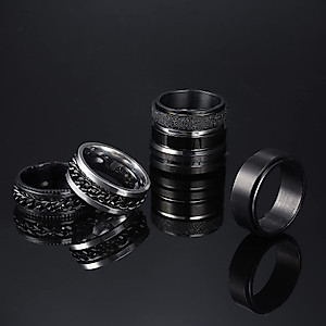 SAILIMUE 6 Pcs 6/8 MM Black Spinner Rings for Men Women Stainless Steel Fidget Ring Anxiety Stress Relieving Cool Chain Fashion Ring Set Wedding Promise Band Rings Size 9