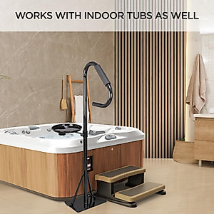 Hot Tub Handrail with Cup Holder Tray 56" Height 360 Rotatable Rust Proof Aluminum Hot Tub Railing with Slide Under Mount Base for Spa Hot Tub 600 LBS Capacity Hand Rail