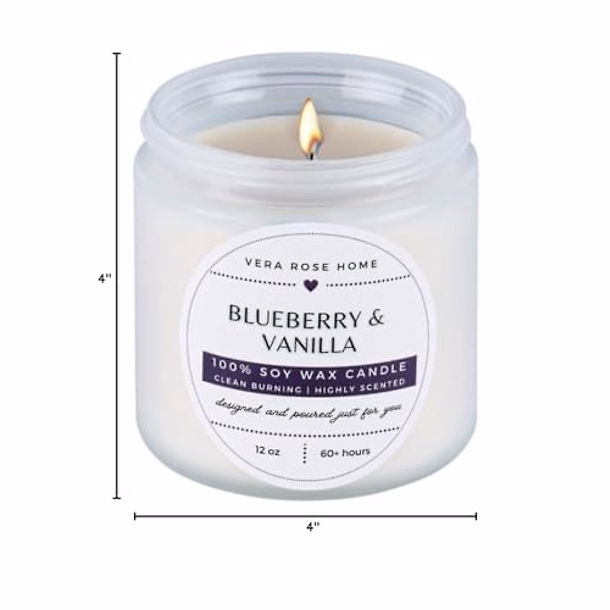 Vera Rose Home Blueberry & Vanilla Scented Soy Candle Long Burning Highly Scented Candles 60+ Hours Clean White Vegan Candle Odor Eliminating Candle Safe for Pets 12oz Jar