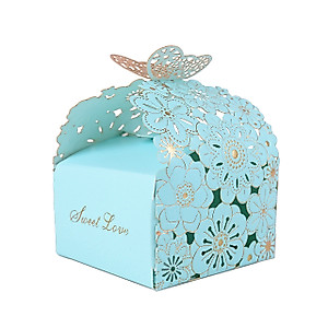 Wolfteeth Party Favor Boxes, Wedding Favors Boxes, Small Candy Boxes for Gift Giving, Laser Cut Floral Boxes, Thank You Gifts Wrap Boxes for Bridal Baby Shower Birthday Christmas, 100 Pack, Blue