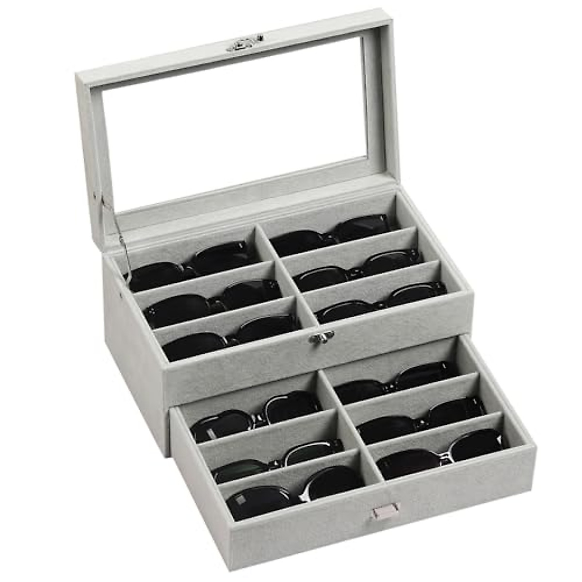 AUTOARK Ice Velvet Clear Lid 12 Piece Eyeglasses Storage and Sunglass Glasses Display Drawer Lockable Case Organizer,AW-163