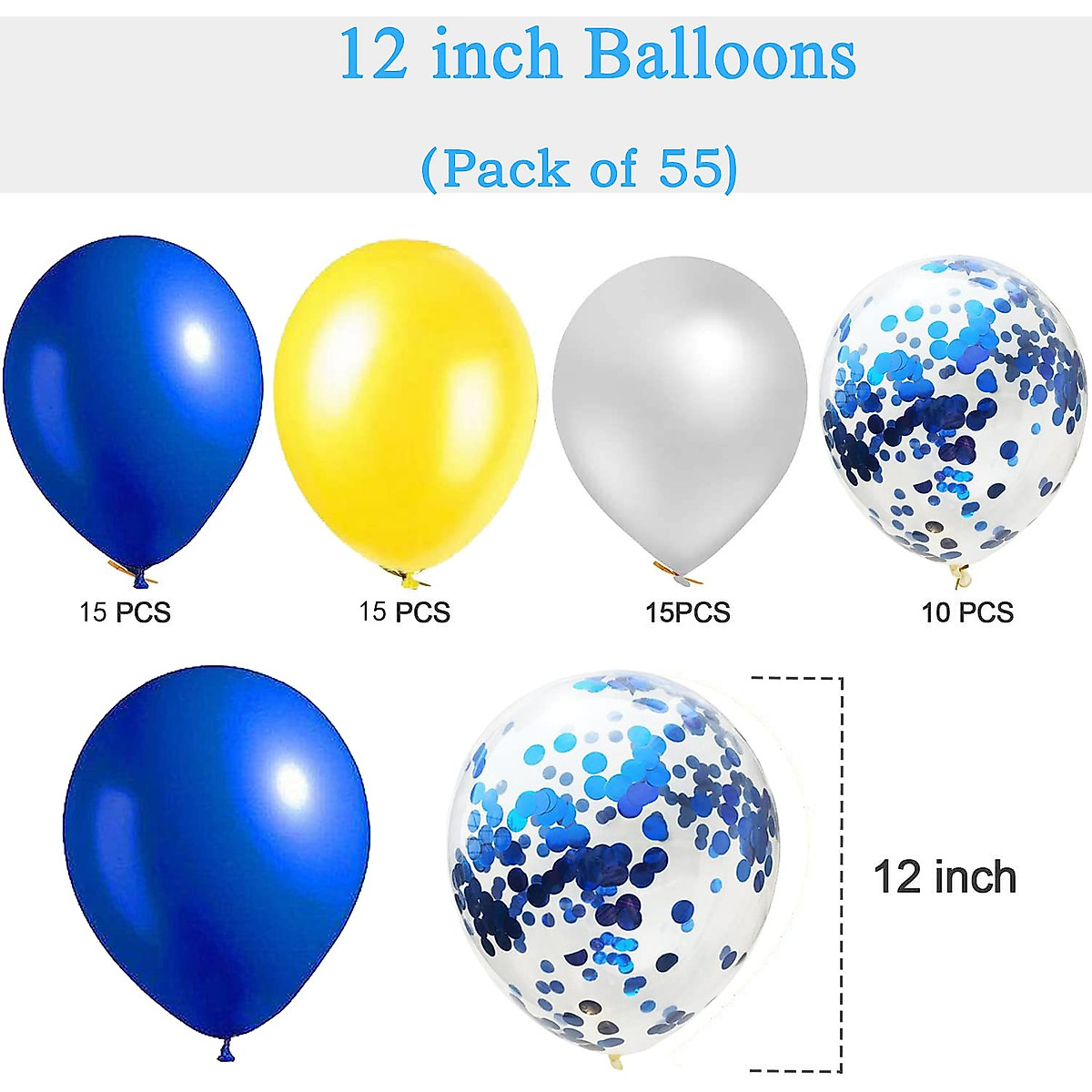 ZZRY Royal Blue Yellow White Balloons Kit,12Inch Latex ,55Pcs for graduation py baby shower Birthday Wedding Anniversary Bachelorette, Yellow,blue,white,red