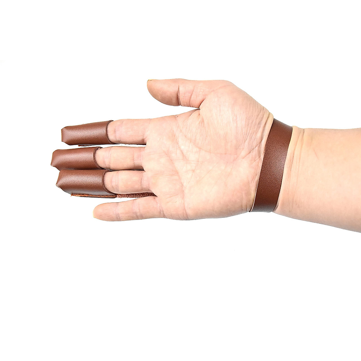 Windfulogo Leather Archery Hand Glove Finger Tab Hand Guard Protector Long Bow for Right Hand 3 Fingers Brown