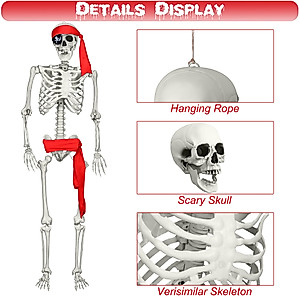 Fovths 5.4Ft/165 cm Pre-Assembled Halloween Skeleton Decoration Life-Size Skeleton Full Body Posable Human Bone with Movable Joints Headband Belt Eye Patch for Halloween Outdoor Yard Haunted House