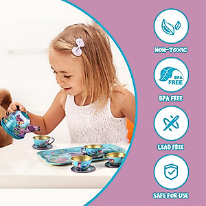 Mermaid Teapot Set for Kids Tea Party Kitchen Pretend Play - 15 Piece Under The Sea Metal Tea Time Toy for Girls