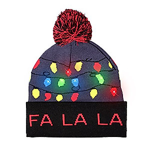 LED Light-up Knitted Ugly Sweater Holiday Xmas Christmas Beanie - 3 Flashing Modes (FA La La Beanie) Multicolored