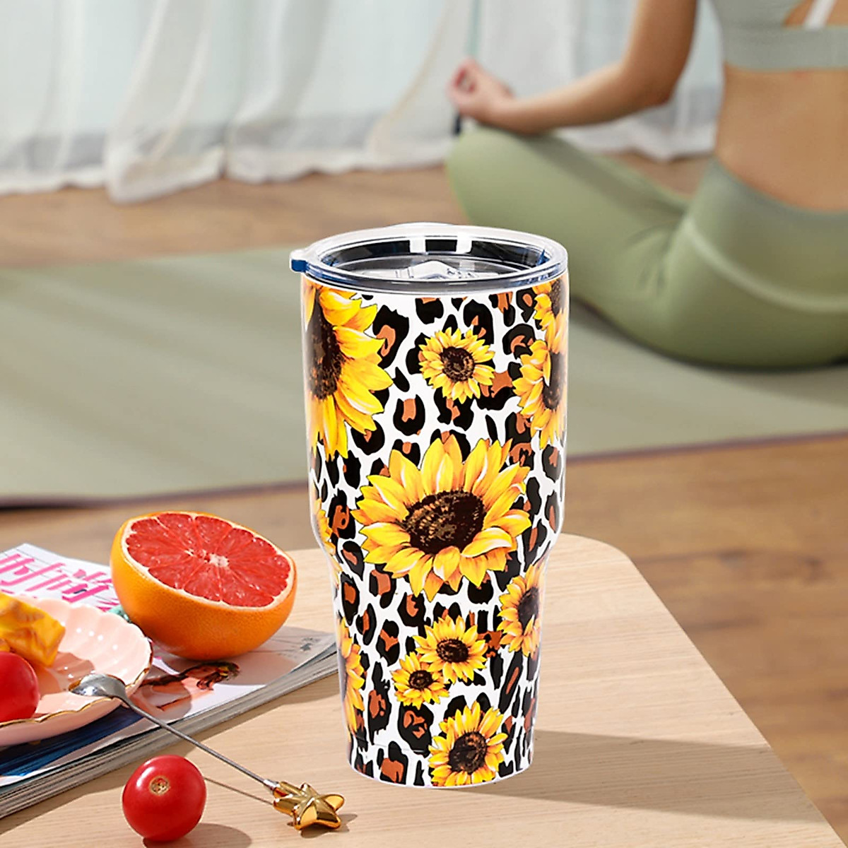 YHSHYZH 30 OZ Tumbler Cups with Lid Sunflower Stainless Steel Travel Coffee Mugs Personalized Leopard Print Insulated Cups Sunflowers Gifts for Women(30OZ, Leopard Sunflower)