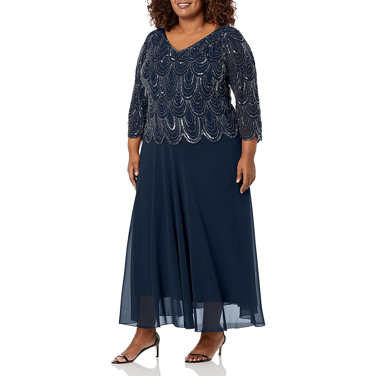 J Kara Women's Plus Size 3/4 Sleeve with Scallop Beaded Pop Over Gown, Navy/Mercury, 16W