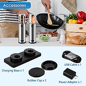 PRIME, Electric Salt and Pepper Grinder Set, 2 Mills, Rechargeable, With Charging Base, USB Cable, Power Adapter, Automatic Tact Switch Operation, Adjustable Coarseness, Stainless Steel (Ver. 2.2)