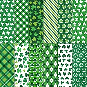 Whaline 12Pcs St. Patrick's Day Cotton Fabric Bundles Green Shamrock Plaid Fat Quarters Lucky Clover Quilting Patchwork for Irish Holiday DIY Sewing Craft Decor, 18 x 22 Inch