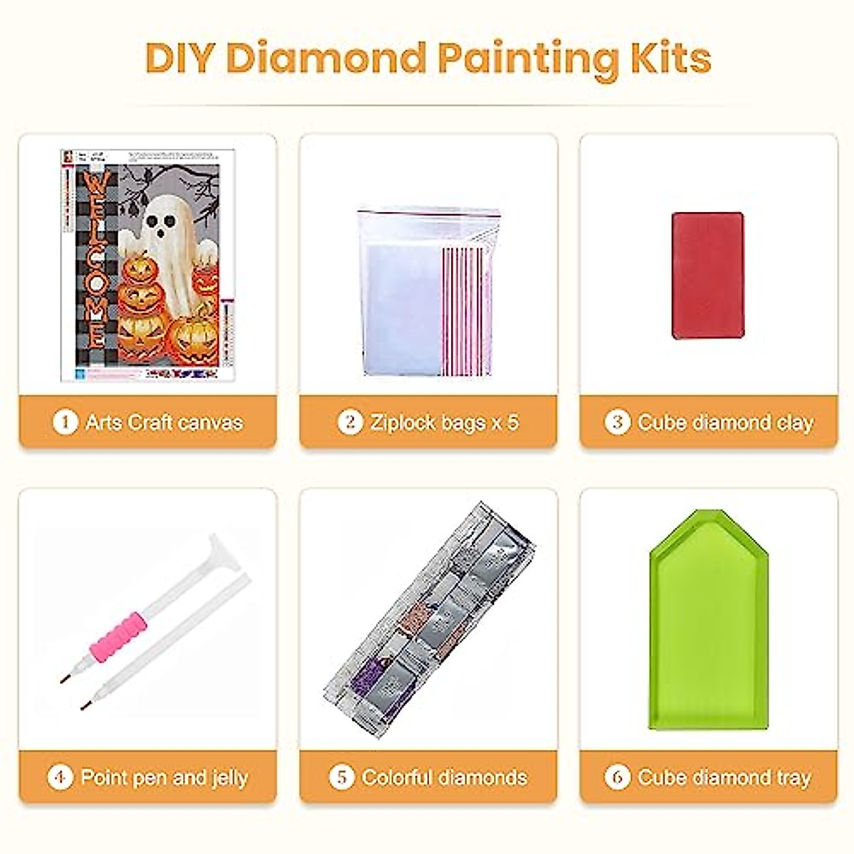 SENQAO Halloween Diamond Painting Kits for Adults, Ghost Full Round Drill Gem Art Kits, DIY 5D Diamond Painting Pumpkin Halloween Diamond Art Kits Picture for Home Wall Decor 30x40cm
