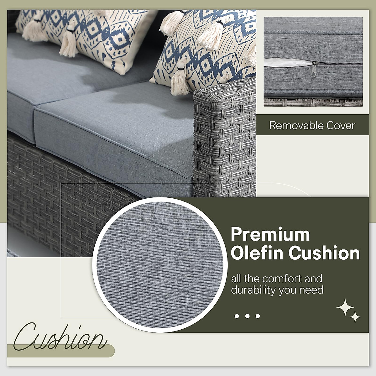 SUNSITT Outdoor Patio Furniture Set 6 Piece Wicker Conversation Set with Lift Coffee Table Sectional Dining Set 3 Seat Sofa Couch with Ottoman, Grey Wicker & Grey Cushion