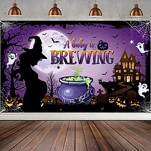 Halloween Baby Shower Backdrop with Magic Theme, A Baby is Brewing Halloween Baby Shower Party Decorations Supplies, Party Favors for Baby Boy Girl, Photobooth Props Background Banner, 72.8 x 43.3Inch