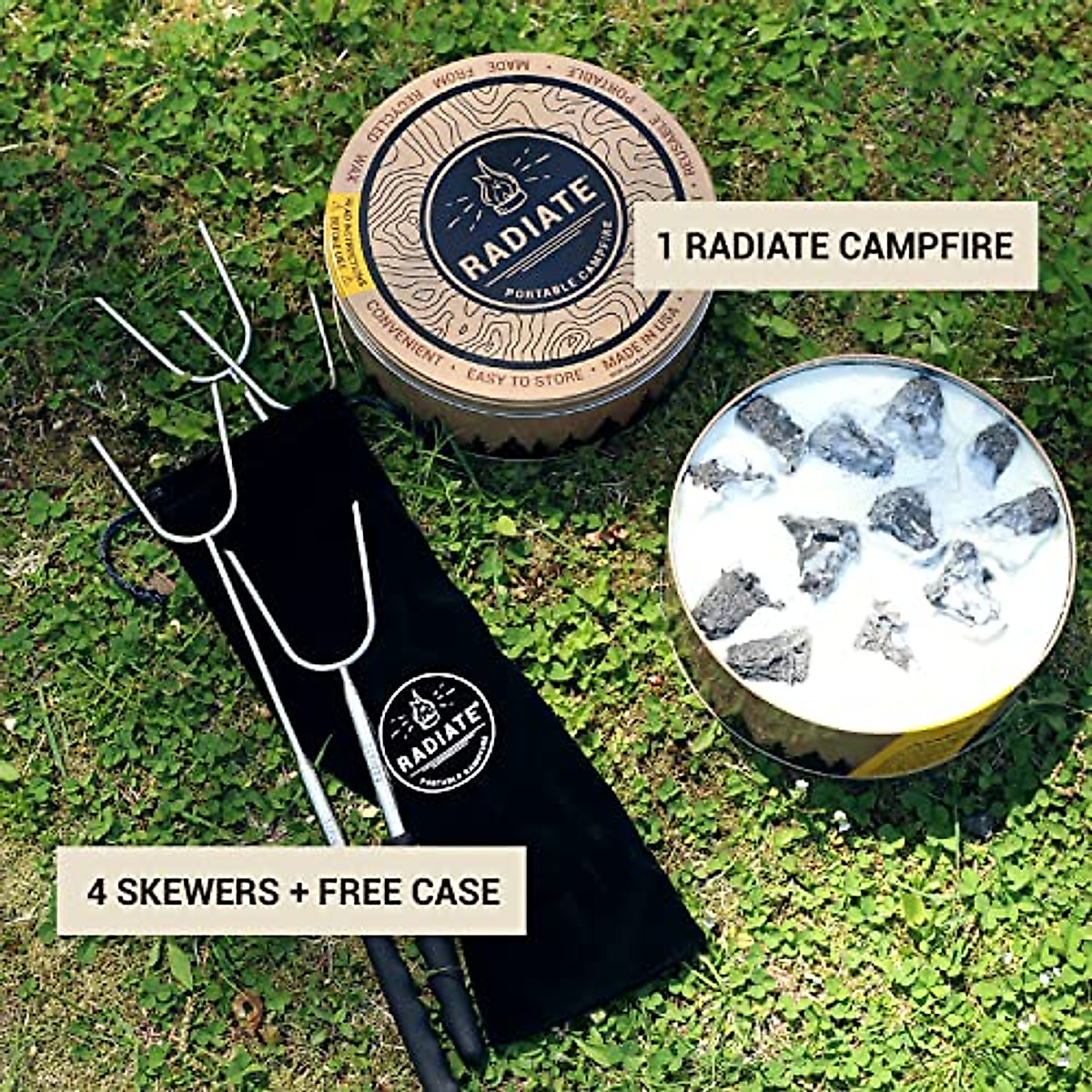 Radiate Portable Campfire & Marshmallow Roasting Sticks Bundle | The Original Go-Anywhere Campfire | 3-5 Hours of Bright and Warm Burn Time | Lightweight and Portable | Stainless Steel Hotdog Skewers