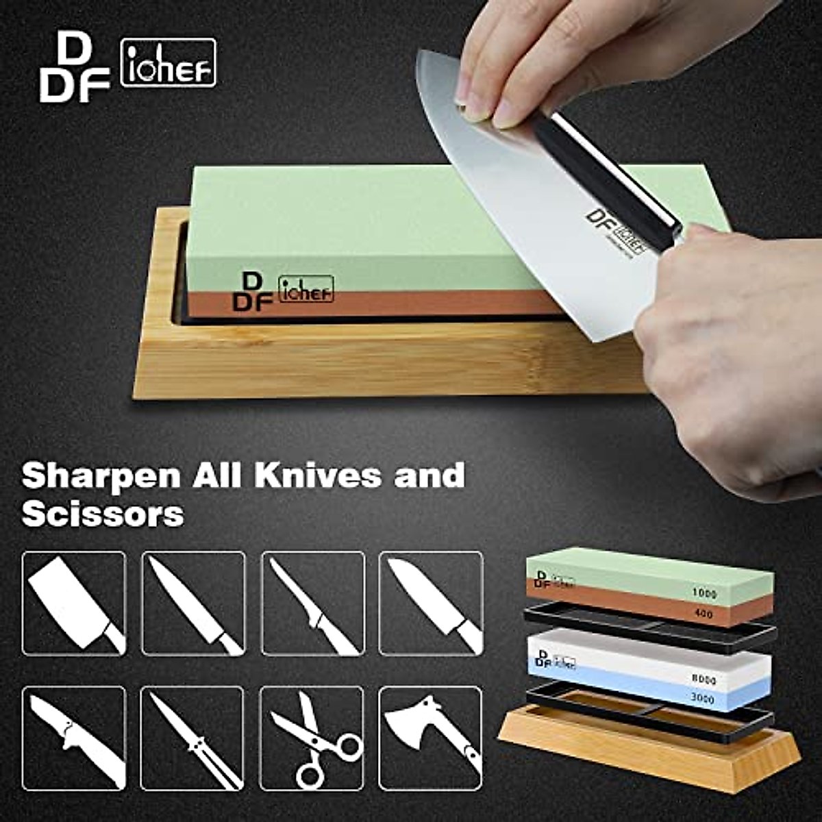 DDF iohEF Whetstone Sharpening Stone Kit 4 Side Grit 400/1000 3000/8000 Wet Stone Knife Sharpeners Set with Axe Sharpening, Angle Guide, Flattening Stone, Leather Strop, Non-Slip Bamboo Base