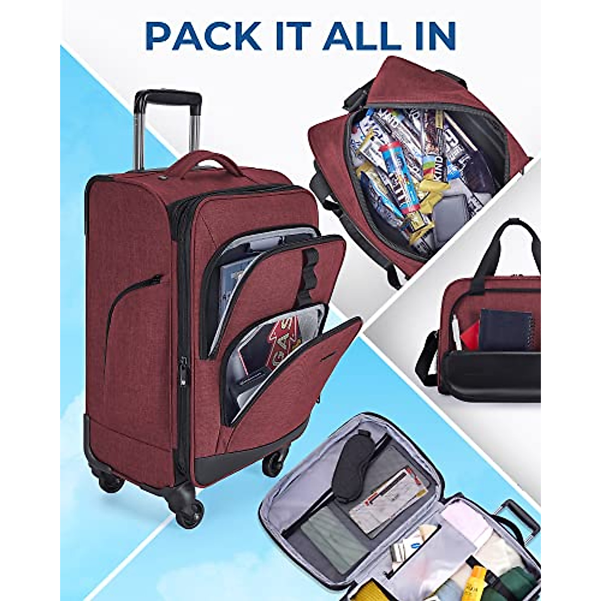 2 Piece Luggage Sets, BAGSMART Expandable 20 inch Carry on Luggage Airline Approved, Lightweight Carry on Suitcase with Spinner Wheels, Family Travel Suitcase Set with Duffle Bag - Red