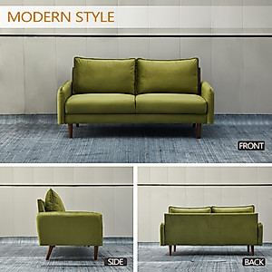 INSTORY Velvet Sofa Mid-Century Modern Couch with Wooden Legs for Living Room - Army Green