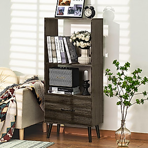 LELELINKY Open Bookshelf, 3 Tier Black Mid Century Modern Book Shelf with Drawers and Legs, Wood Bookcase with Storage Organizer Shelves for Bedroom, Living Room, Office