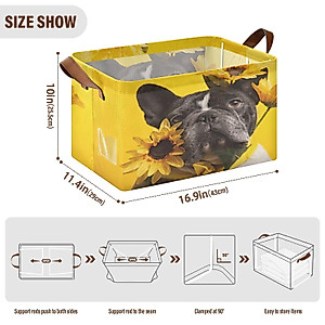 DIGTIA French Bulldog Sunflowers Storage Bins Yellow Summer Collapsible Storage Basket with Handles Storage Box Organizer for Clothes Shelves Closet Cabinet Home Office, 1PC
