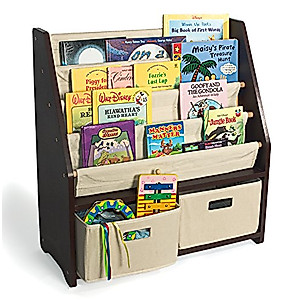 WONKAWOO Kids Sling Bookshelf Wooden Rack, 4 Levels of Canvas Slings for Large Children Books and 2 Storage Bin Boxes for Toys Organizer, Espresso Shelf with Natural Fabric Slings